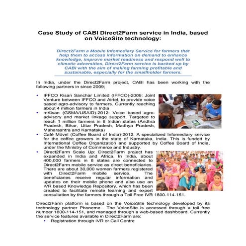 Case Study of CABI Direct2Farm service in India | PDF | Phone Services | Home Utilities