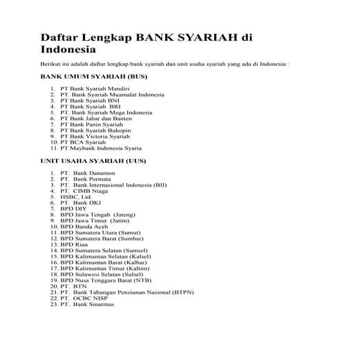 Daftar nama Bank Syariah | DOCX