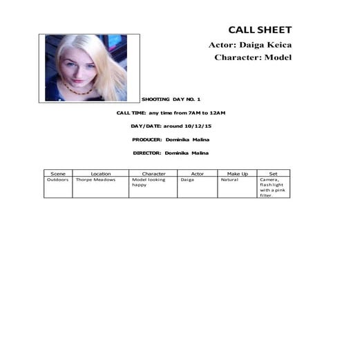 Daiga Call Sheet | DOCX