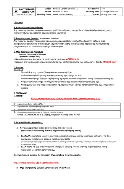Lesson Plan in Aral Pan 8 | PDF