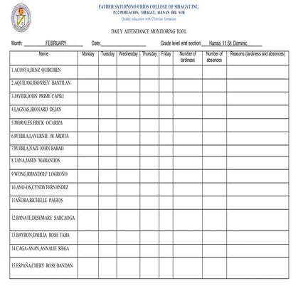 Daily attendance monitoring tool | DOCX | Educational Assessment ...