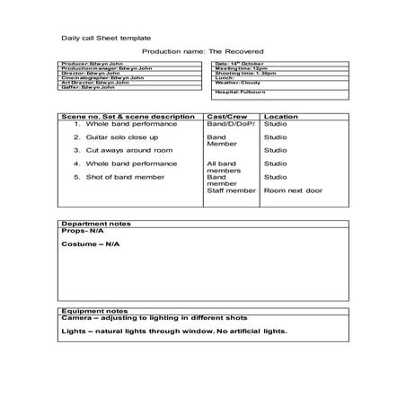 Daily call sheet 1 | PDF
