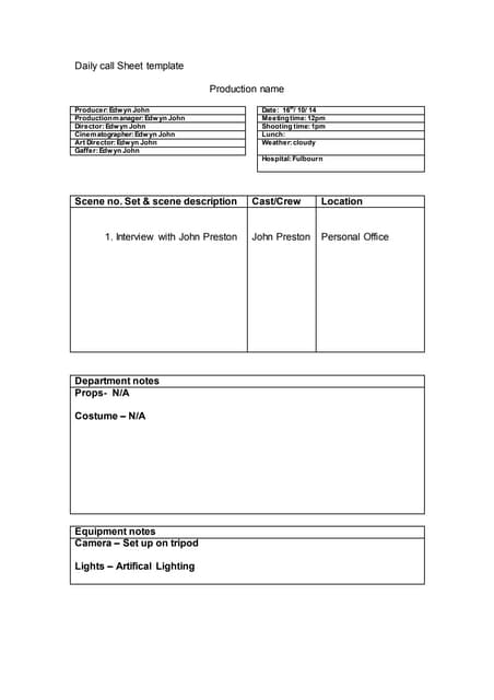 Daily call sheet 1 | PDF
