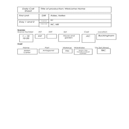Daily call sheet day 1 and 2 | DOC