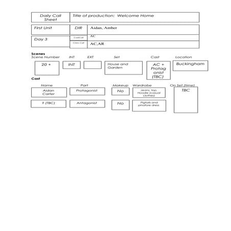 Daily call sheet day 1 and 2 | DOC