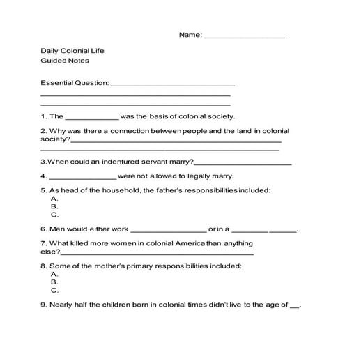 Daily Colonial Life Guided Notes | PDF