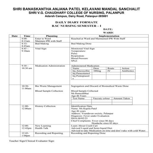 Daily Diary formate.for Clinical Posting | DOCX