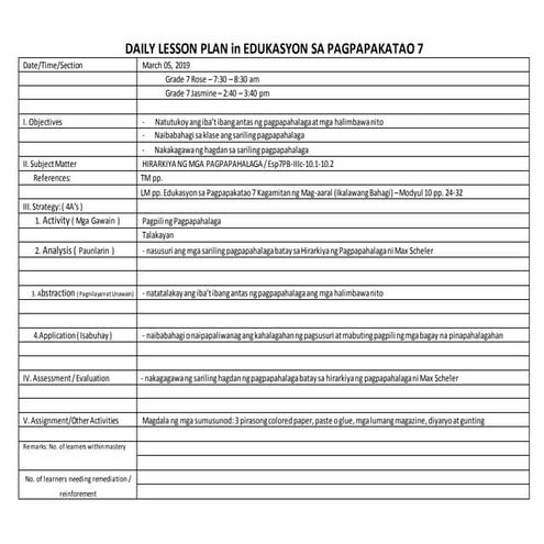 Daily lesson plan in edukasyon sa pagpapakatao 7 | DOCX