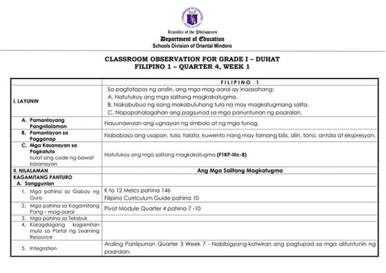 Cot detailed lesson plan filipino 1 | DOCX