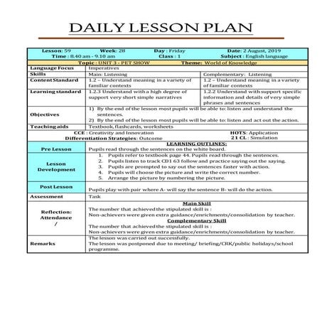 Daily lesson plan y1 2019 | PDF