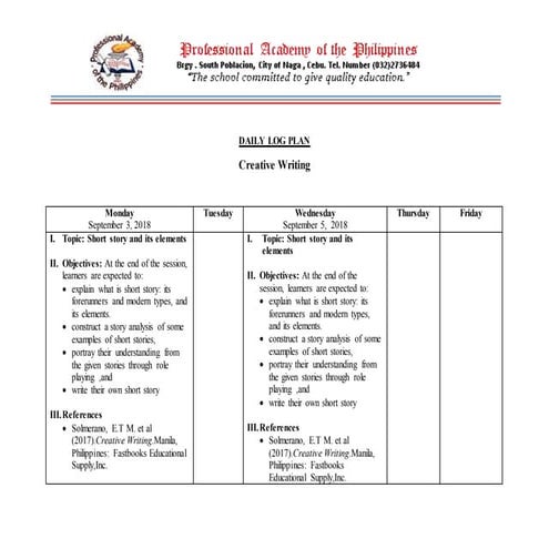 Daily log plan creative writing | DOCX | Educational Assessment | Education