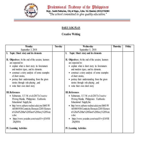 Daily log plan creative writing | DOCX