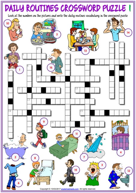 Daily routines vocabulary esl crossword puzzle worksheets for kids PDF