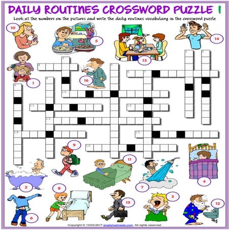 Daily routines vocabulary esl crossword puzzle worksheets for kids | PDF