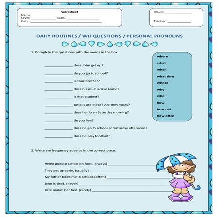Daily routines wh questions personal pronouns | DOC