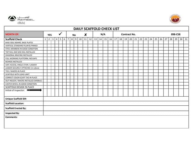 Weekly scaffolding checklist