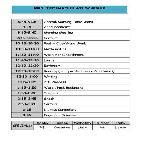 Daily schedule | DOC | Homework and Study | Education