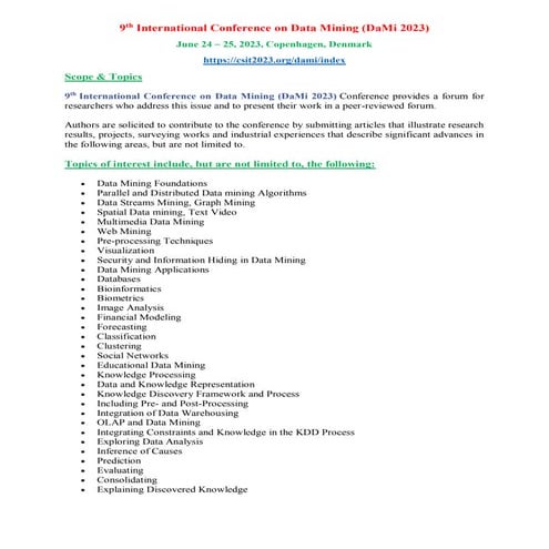 Call for Papers - 11th International Conference on Data Mining (DaMi 2025) | PDF