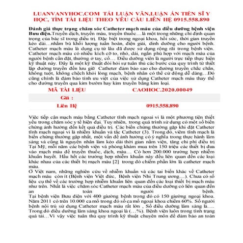 Danh gia thuc trang cham soc catheter mach mau cua dieu duong benh vien ...