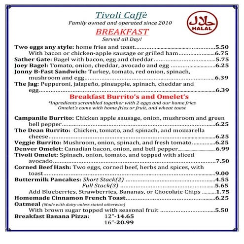 Tivoli Caffe — Menu | PDF