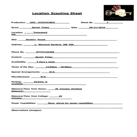 Location scouting sheet | DOCX