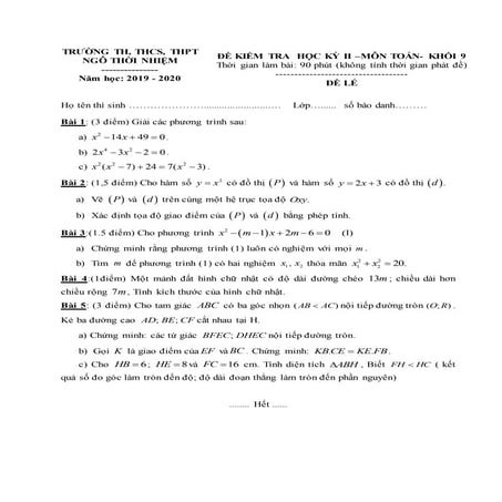 Đề Thi HK2 Toán 9 - TH THCS THPT Ngô Thời Nhiệm | PDF