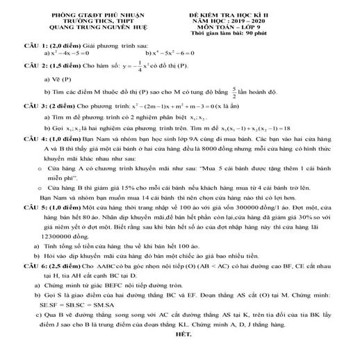 Đề Thi HK2 Toán 9 - THCS THPT Quang Trung Nguyễn Huệ | PDF