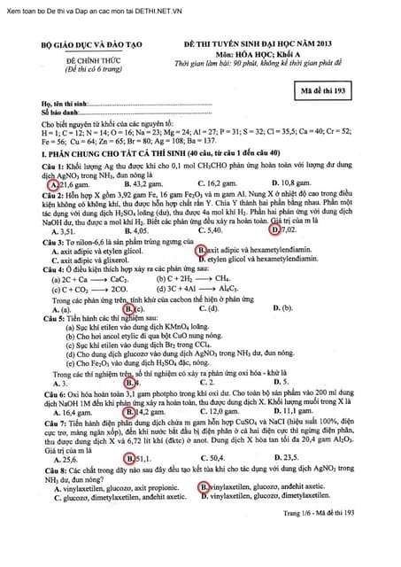 De thi va dap an mon tieng anh khoi d 2013 | PDF