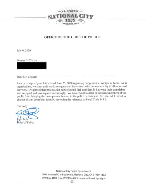 Darren Chaker Penal Code 148.6 Removed by Sheriff | PDF
