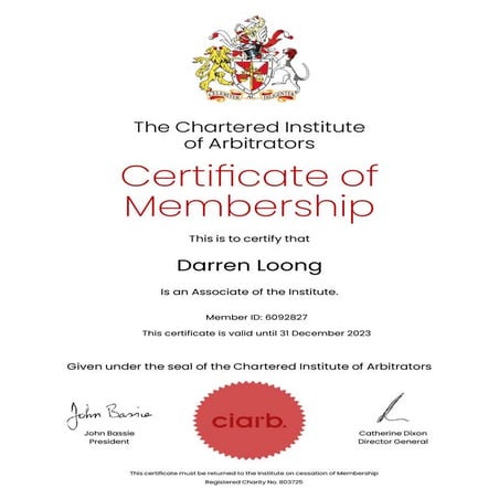 ACIArb Membership Certificate - Darren Loong | PDF