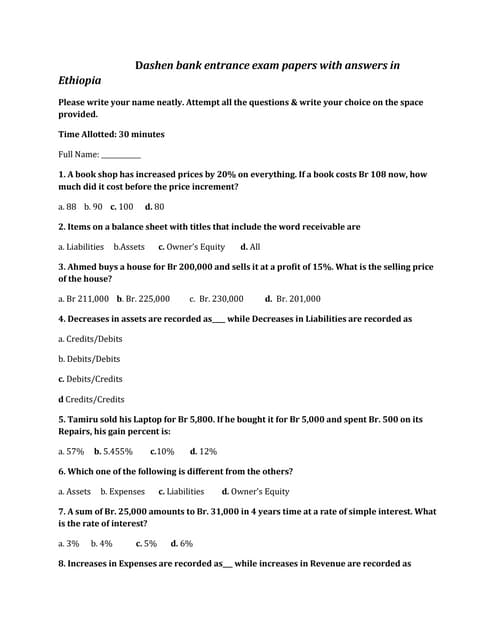 Awash bank exam questions and answers.pdf | Educational Assessment ...