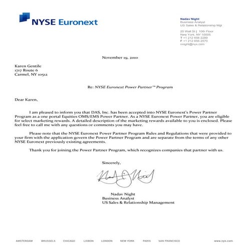 DAS Nyse Euronext Power Partner Program Acceptance Letter Nov2010 | PDF ...