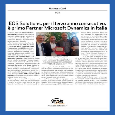 EOS Solutions, per il terzo anno consecutivo, è primo Partner Microsoft ...