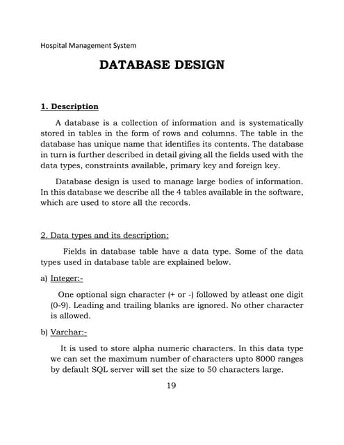 Hospital Management system Database design | DOCX | Databases | Computer Software and Applications