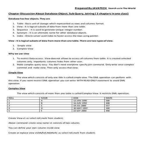 Database Object Sub Query Join Commands And Lab Assignment Pdf