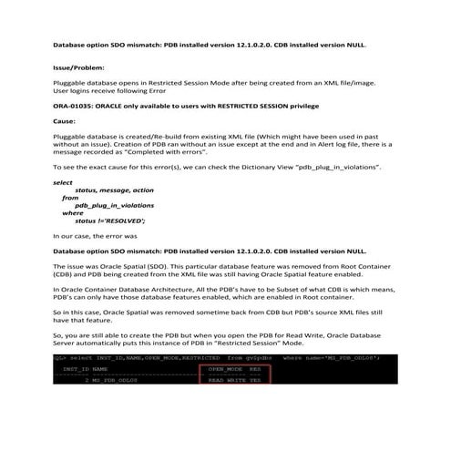 Database Option Sdo Mismatch Pdb Installed Version 121020 Cdb
