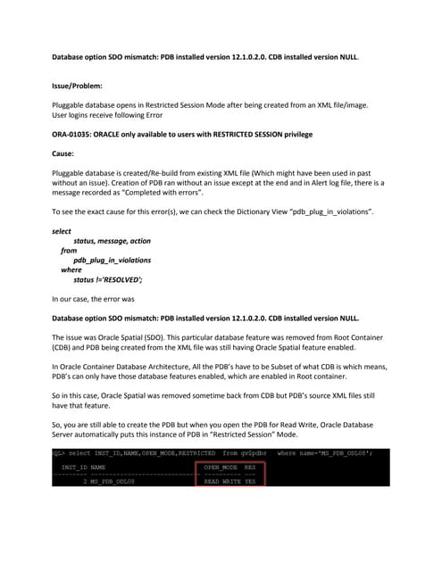 Database Option Sdo Mismatch Pdb Installed Version 121020 Cdb