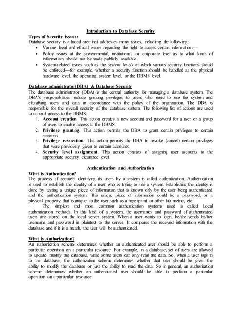 Database Security Concepts Introduction To Database Security Docx