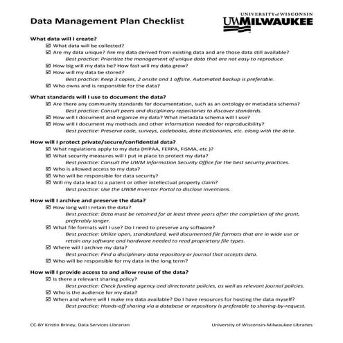 Data Management Plan Checklist | PDF
