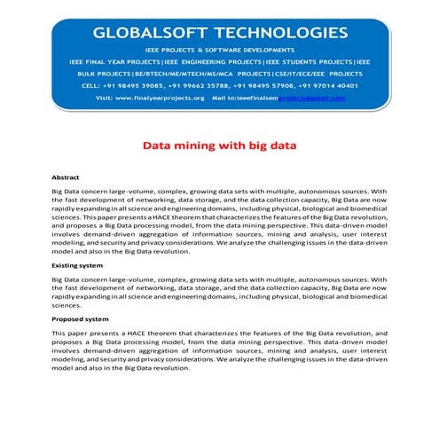 Ieee 2014 Java Data Mining Projects Data Mining With Big Data Docx