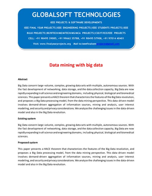 Ieee 2014 Java Data Mining Projects Data Mining With Big Data Docx