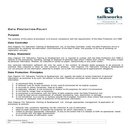 Data protection policy alex clapson 20-11-17 | PDF