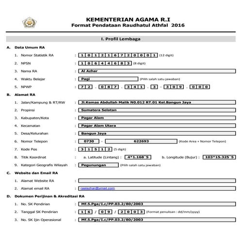 Data ra al azhar pagar alam tahun 2016 | PDF