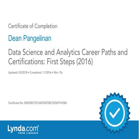 Certificate - First Steps (2016) - Data Science & Analytics Career ...