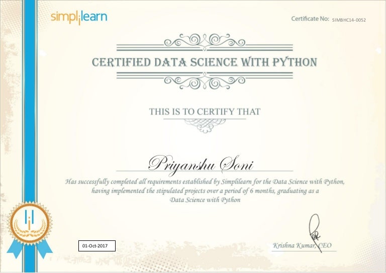 Data Science With Python Experience Certificate
