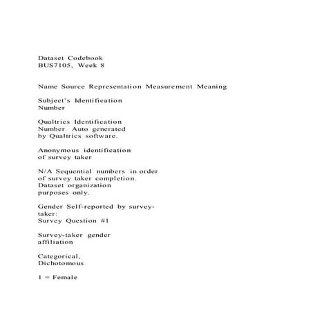 Dataset Codebook BUS7105, Week 8 Name Source Represe | PDF