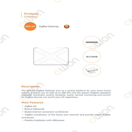 OWON ZigBee Gateway (ZigBee/Ethernet/BLE) SEG X5 | PDF