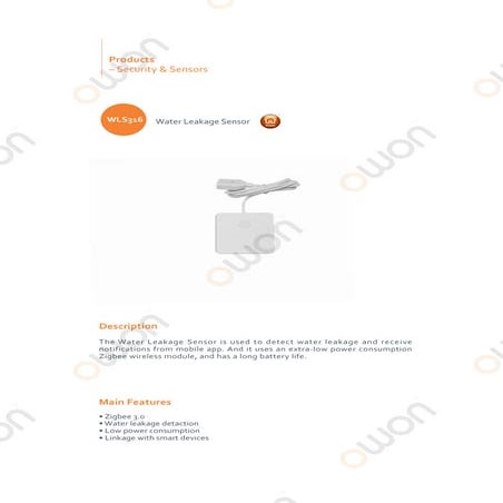 OWON ZigBee Water Leak Sensor with Remote Probe WLS316 | PDF