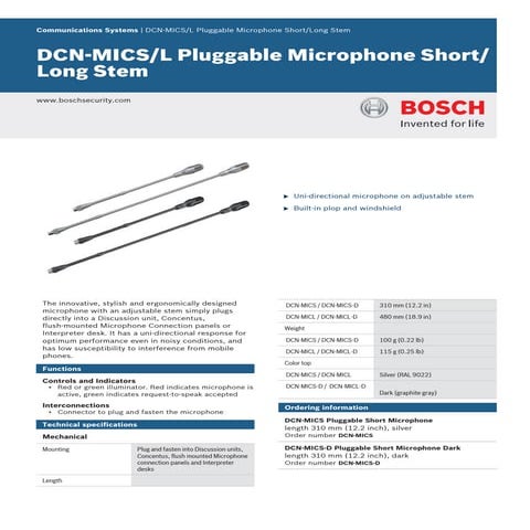 Micro cần dài bosch DCN-MICL-D | PDF
