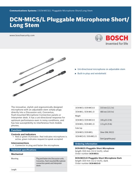 micro đại biểu bosch dcn-diss/dcn-diss-l | PDF